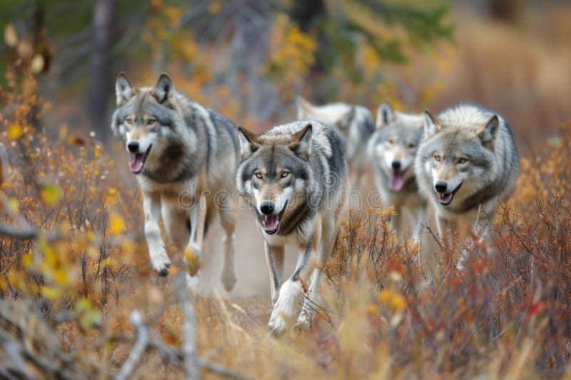 Wolf Pack Moving Stealthily through Underbrush Stock Image - Image of ...