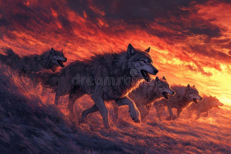 A Wolf Pack Racing Across a Tundra Under a Sunset Stock Illustration ...
