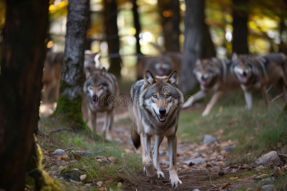 Wolf Pack Roaming, Forest Floor and Trees in View Stock Image - Image ...