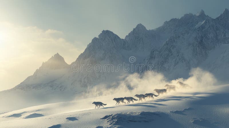 Wolf Pack Running Across Snowy Mountain Range Stock Illustration ...