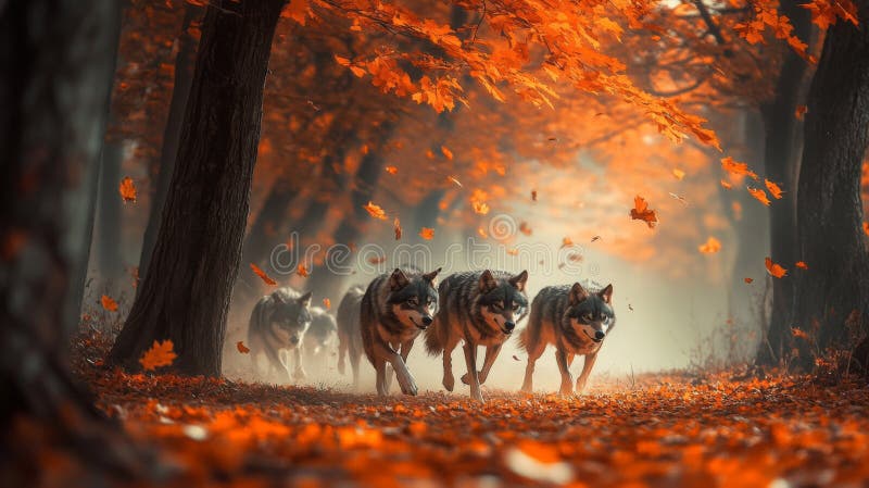 Wolf Pack Running through Autumn Forest Stock Illustration ...