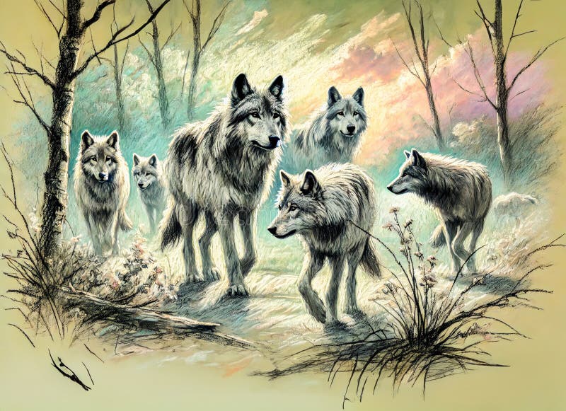 Wolf Pack Running through Forest Stock Illustration - Illustration of nature, drawing: 338806804