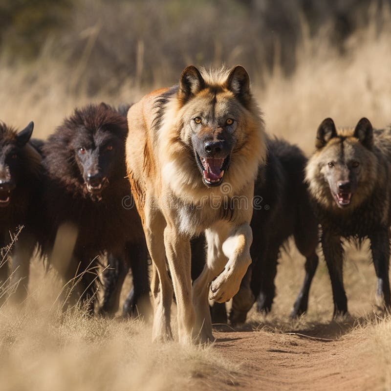 Wolf Pack Running with a Leader in the Front, Wolf Scene with Warm ...
