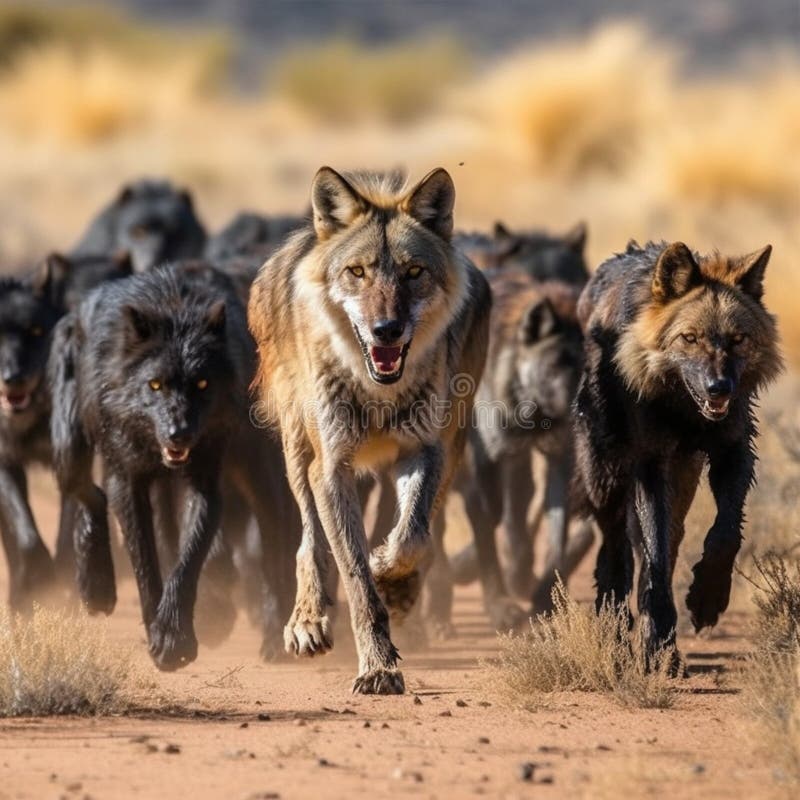 Wolf Pack Running with a Leader in the Front, Wolf Scene with Warm ...