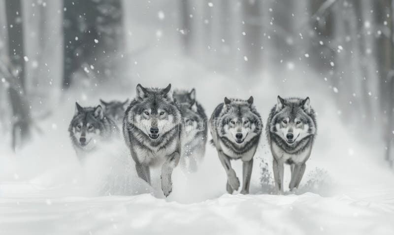 Wolf Pack Running through the Snow Stock Photo - Image of north, canis ...