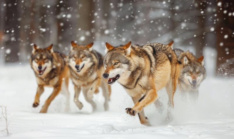 Wolf Pack Running through the Snow Stock Illustration - Illustration of ...