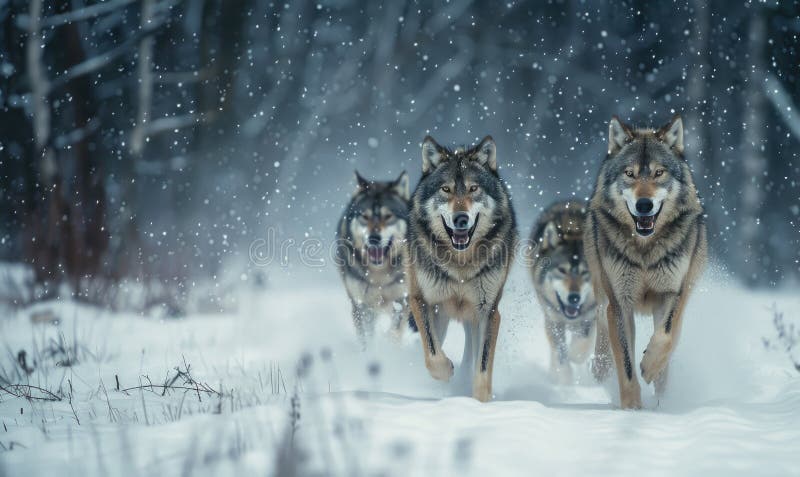 Wolf Pack Running through the Snow Stock Photo - Image of evening ...