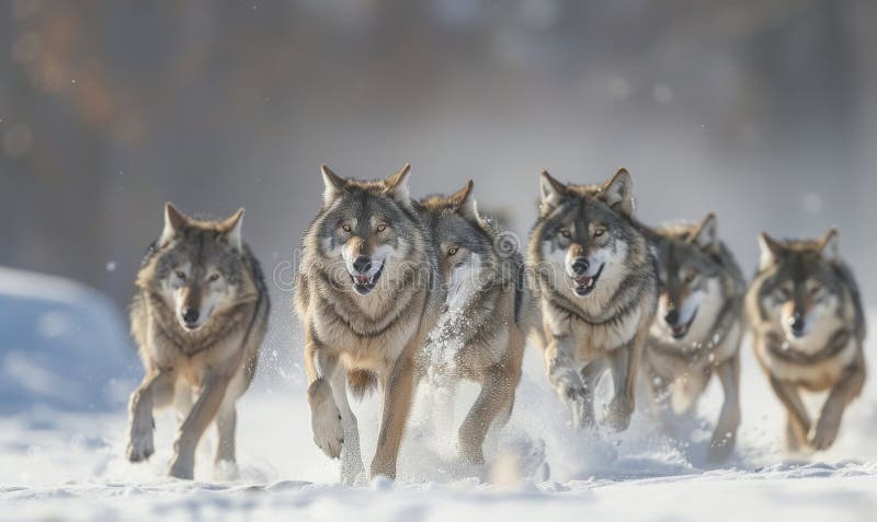 Wolf Pack Running through the Snow Stock Illustration - Illustration of ...