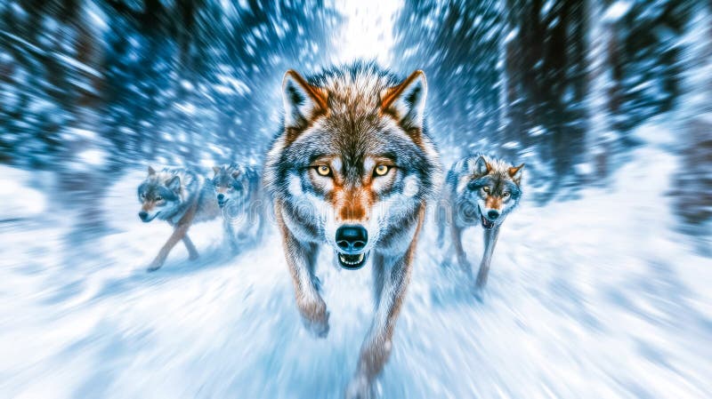 Wolf Pack Running through Snowy Forest with Motion Blur Effect Stock ...