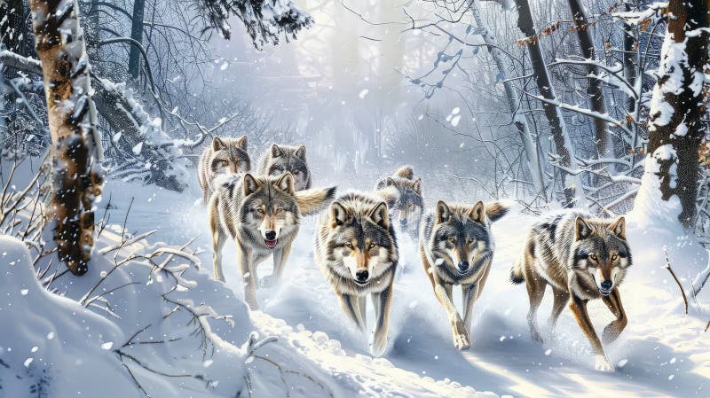Wolf Pack Running through Snowy Forest Stock Illustration ...