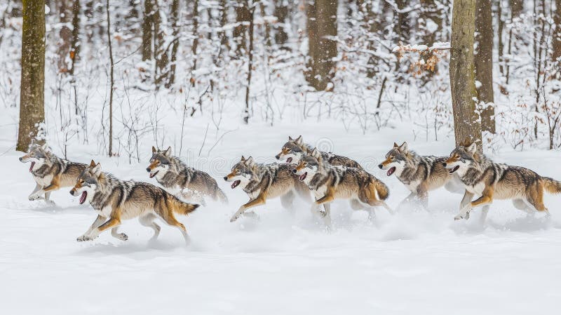 Wolf Pack Running Snowy Winter Forest Stock Photo - Image of ecology ...