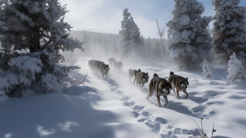 Wolf Pack S Coordinated Hunt in the Snowy Wilderness Stock Illustration ...