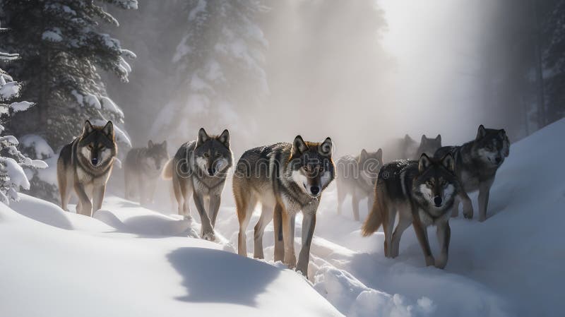 Wolf Pack S Coordinated Hunt in the Snowy Wilderness Stock Illustration ...