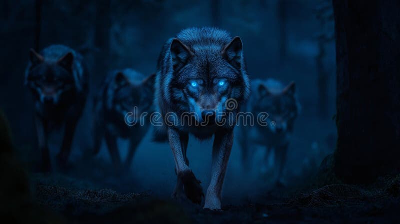 Wolf Pack Stalking through Forest Stock Illustration - Illustration of ...