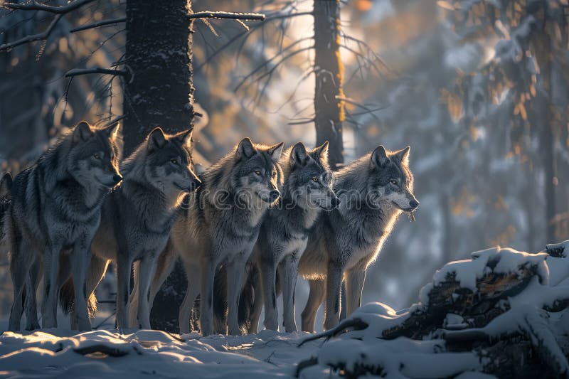 Wolf Pack Standing in a Snowy Forest at Sunset Stock Illustration ...