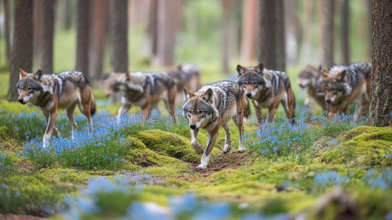 Wolf Pack Walking in Forest with Blue Flowers Stock Image - Image of ...