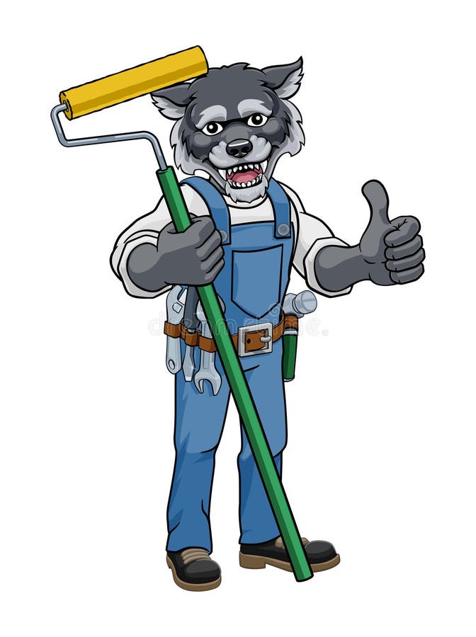 Wolf Painter Decorator Paint Roller Mascot Man Stock Vector ...