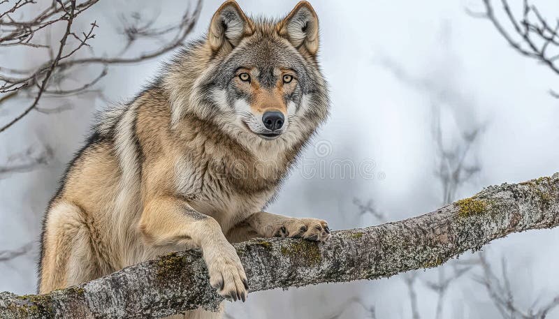 Wolf Perches Gracefully on a Tree Branch Beneath a Dramatic Sky at Dusk ...