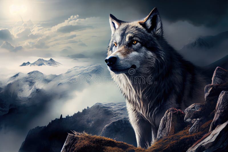 Wolf, with Piercing Eyes and Bared Teeth, on Mountain Ridge Above the ...