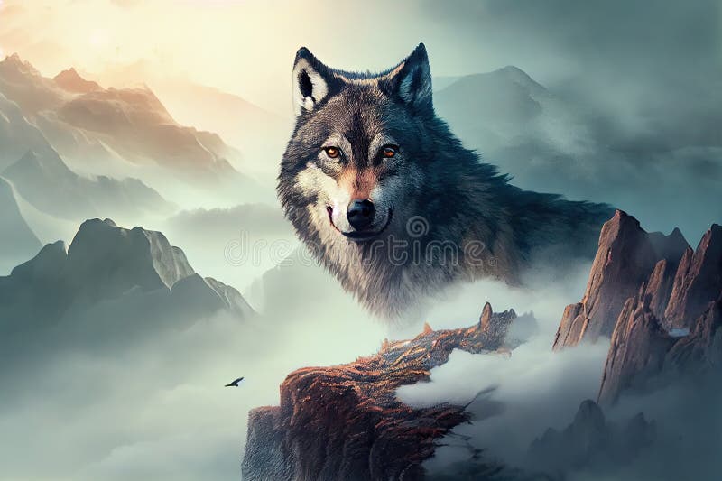 Wolf, with Piercing Eyes and Bared Teeth, on Mountain Ridge Above the ...