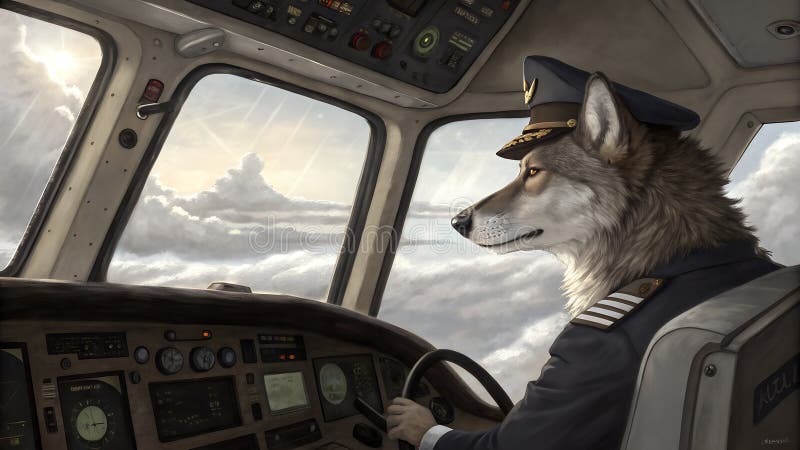 A Wolf in a Pilot S Uniform Sits in the Cockpit of an Airplane, Looking ...