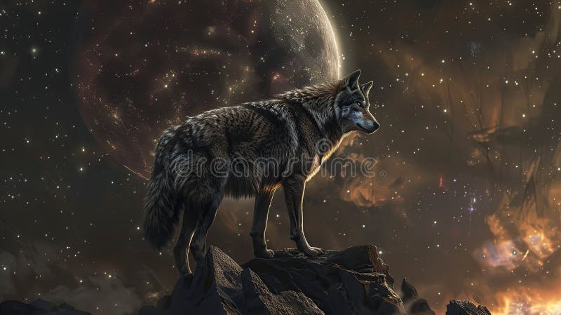 Wolf, Planet, Stars Fantasy Landscape. Generative Ai Stock Illustration ...