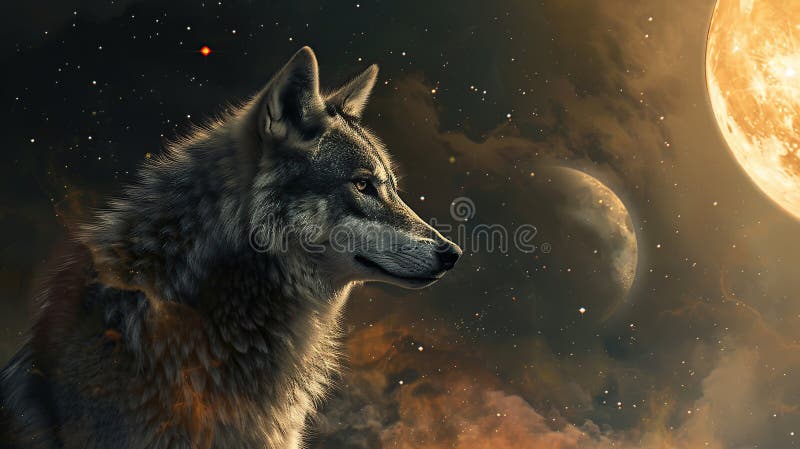 Wolf, Planet, Stars Fantasy Landscape. Generative Ai Stock Illustration ...