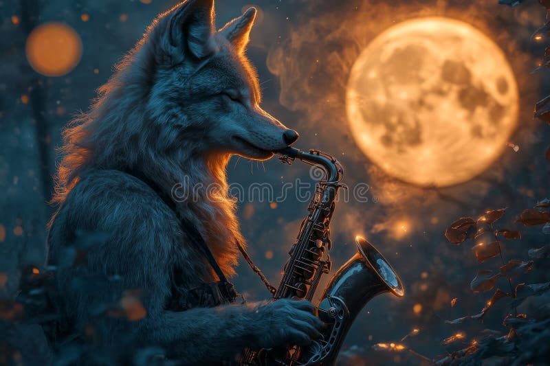 Wolf is Playing a Saxophone Under the Full Moon in a Fantasy Forest ...