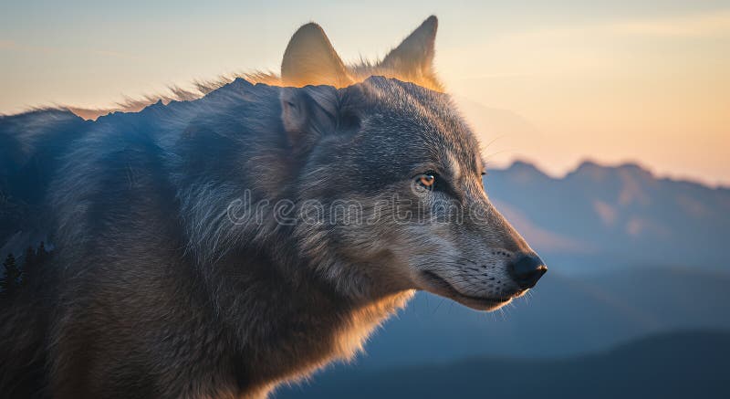 Wolf Profile with Mountain Range Double Exposure at Sunrise Stock Image ...
