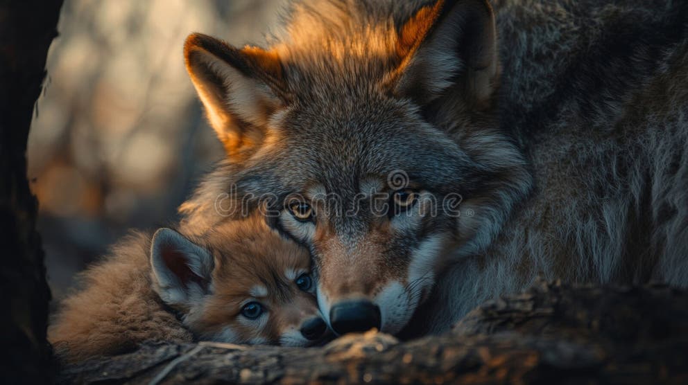 Wolf and Pup in Golden Hour Light Stock Illustration - Illustration of ...