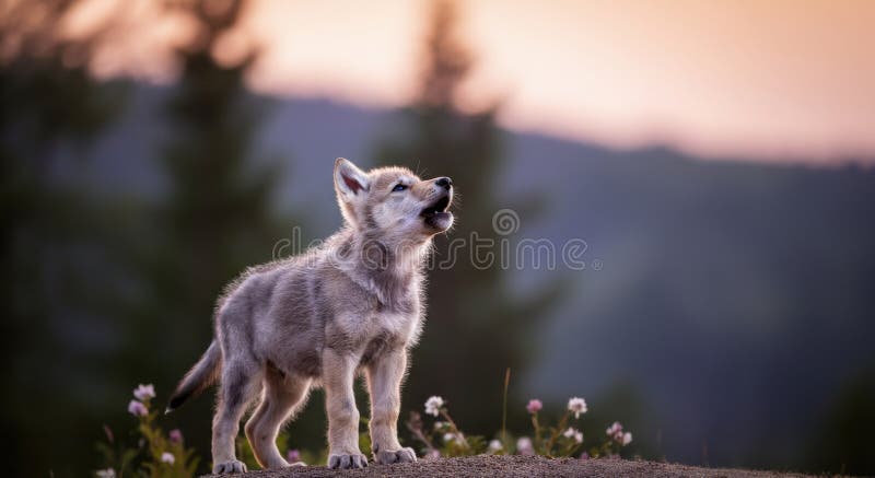 Wolf Pup Howling at Dusk in a Serene Forest Setting Stock Image - Image ...