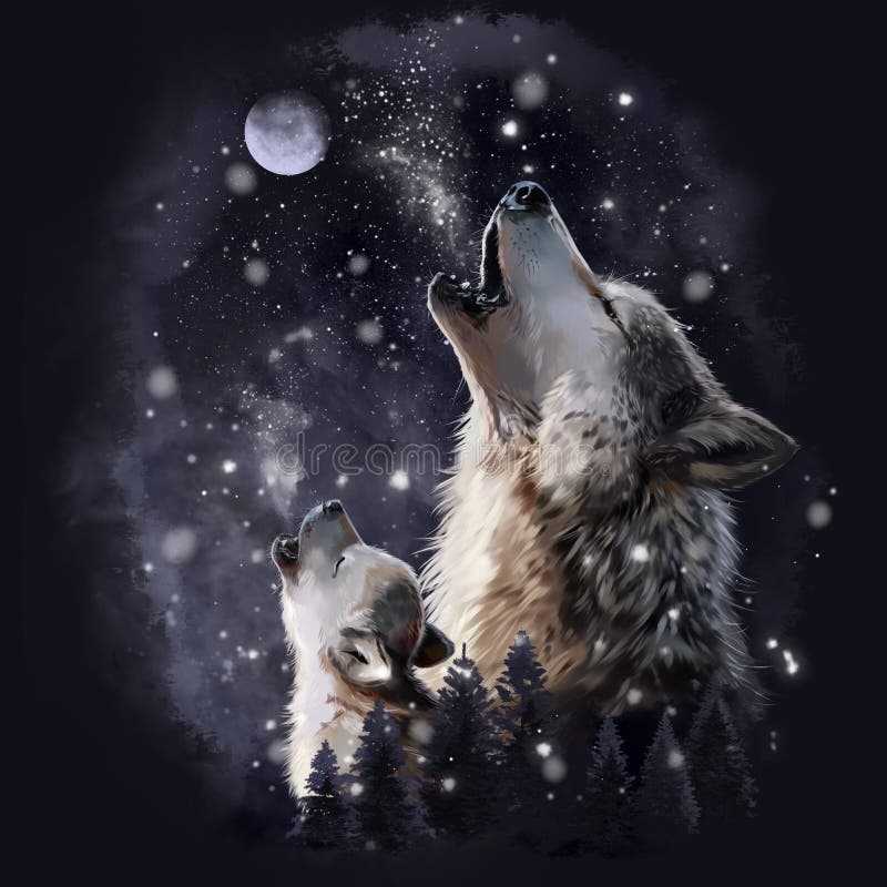 Wolf and Puppy Howling at the Moon Stock Illustration - Illustration of ...