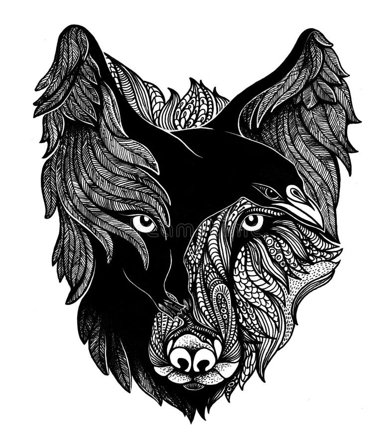 Wolf and Raven Art Illustration Stock Illustration - Illustration of ...