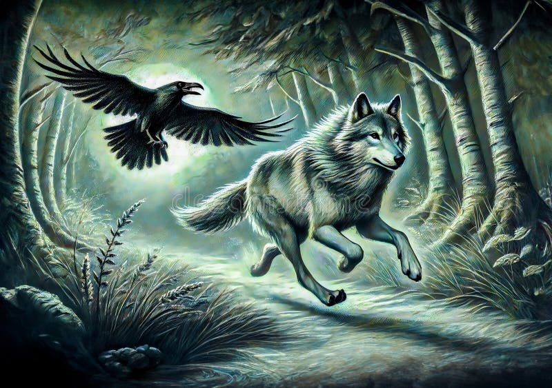 Wolf and Raven in Moonlight Stock Illustration - Illustration of wild ...