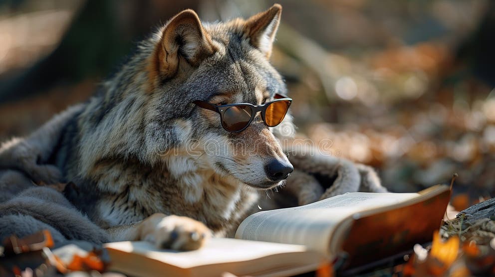 Wolf Reading a Book in the Woods Stock Illustration - Illustration of ...