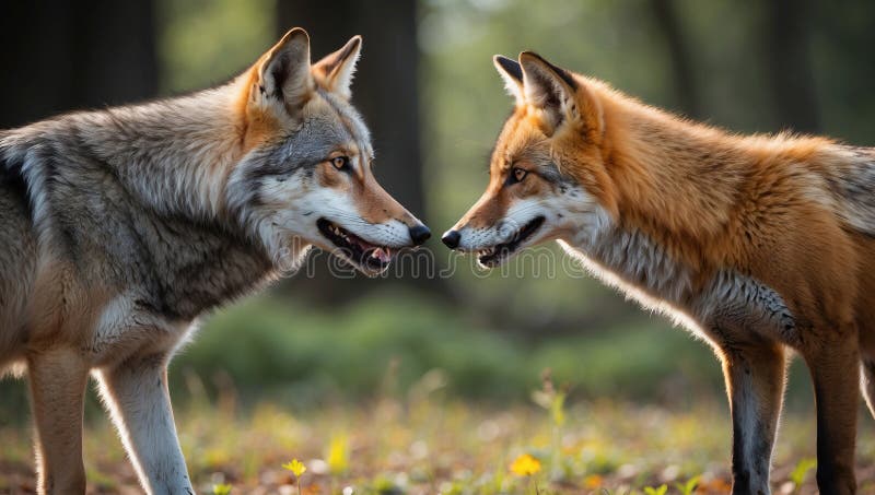 Wolf and Red Fox Stand Facing Each Other in Forest Clearing. Sunlight ...