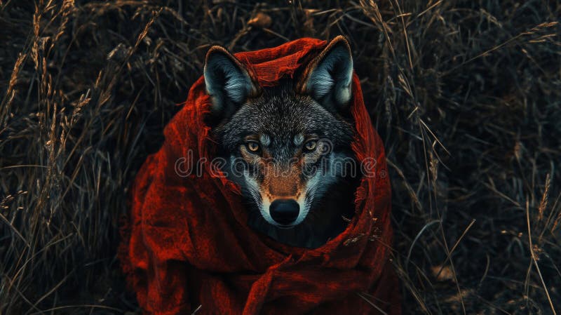 Wolf in Red Hood Amidst Dark Winter Forest Stock Illustration ...