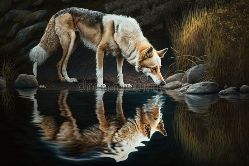 Wolf Reflectin on a Pool Illustration Generative Ai Stock Illustration ...