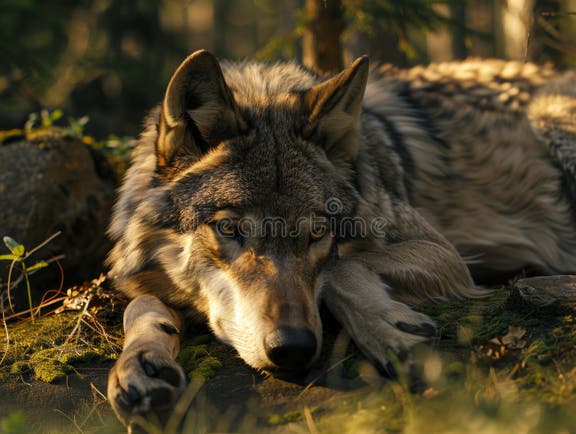 Wolf lying down in woods stock image. Image of wild - 383161663