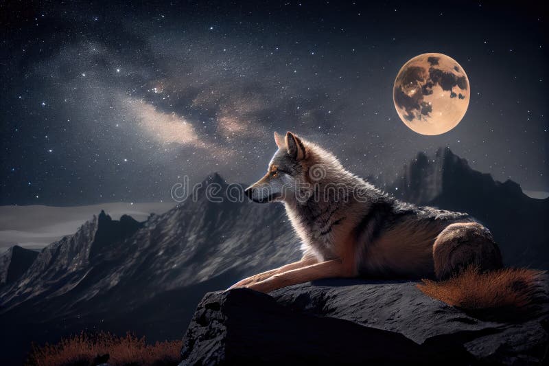 Wolf, Resting on Mountain Peak, with View of the Moon and Stars in the ...