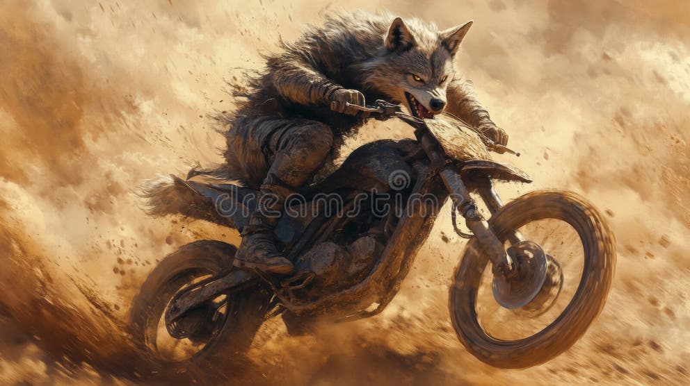 Wolf Riding a Motorcycle through Dusty Desert Stock Illustration ...