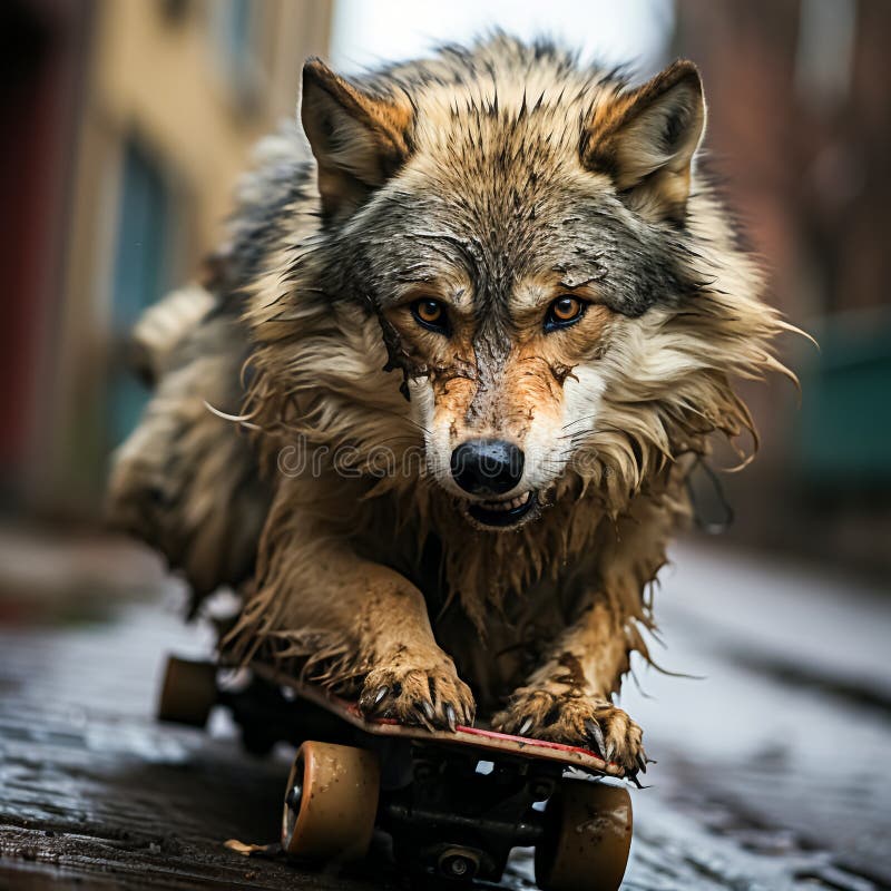 Wolf Riding Skateboard AI Generated Stock Illustration - Illustration ...