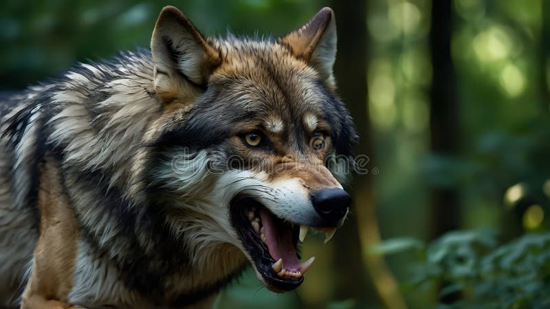 A Wolf Roaring in the Forest, Close Up Stock Illustration ...