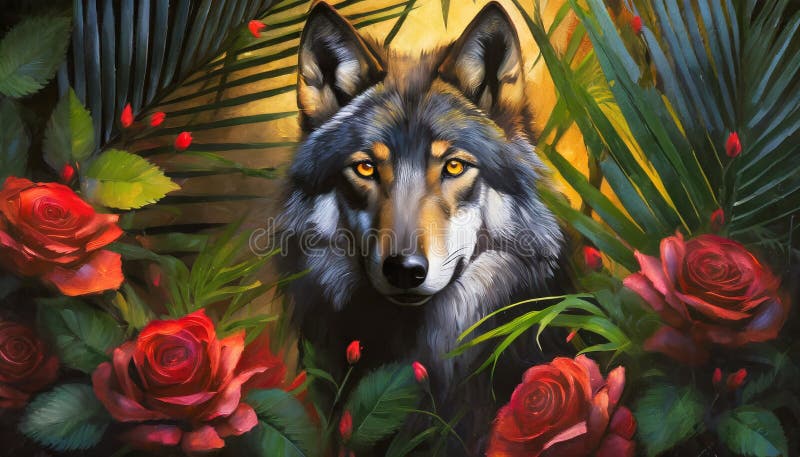Wolf with roses stock image. Image of flower, wolf, green - 304586575