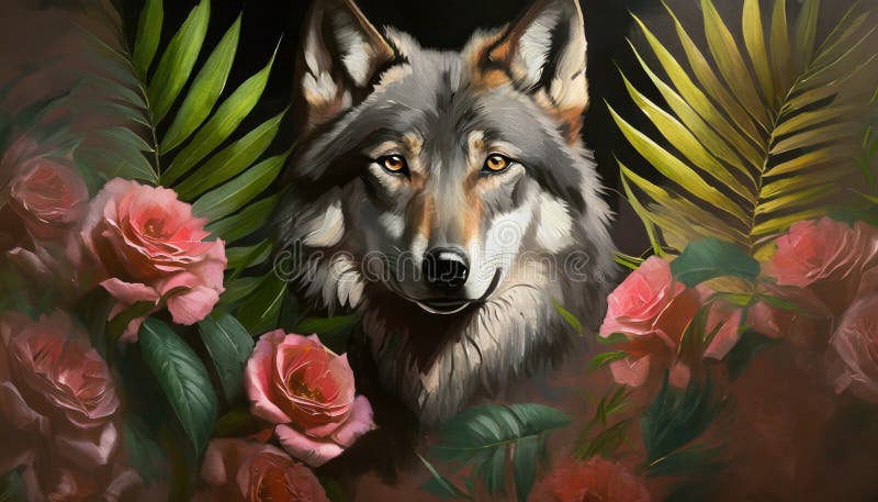 Wolf with roses stock photo. Image of plant, leaf, animal - 304586580
