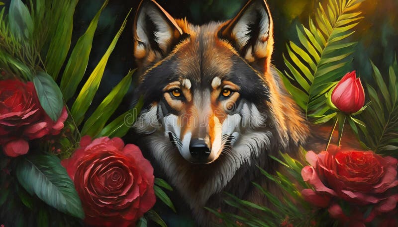 Wolf with roses stock image. Image of roses, animal - 304586589