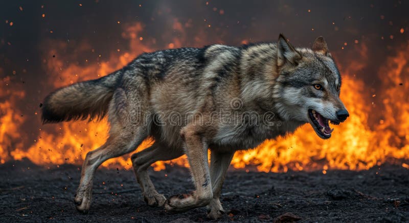 Wolf Running through Fire a Lone Wolf Runs Swiftly through a Wall of ...