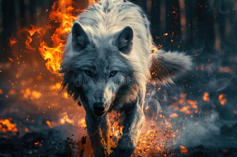A Wolf Running through a Forest Filled with Flames, with Smoke and ...