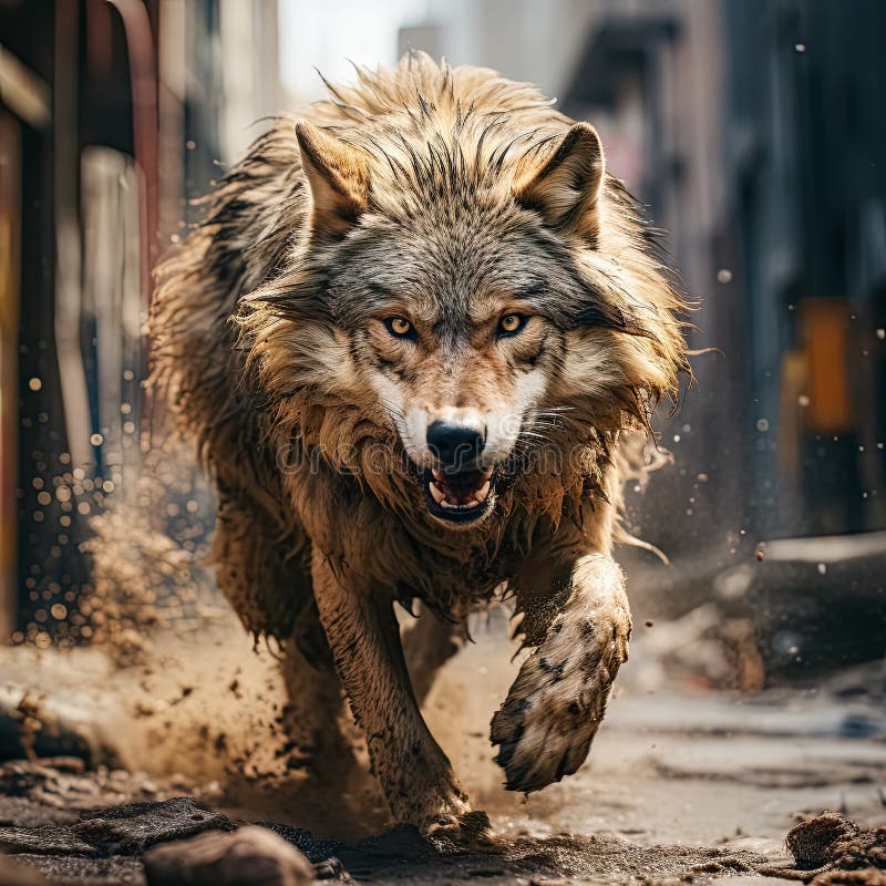 Wolf Running through Mud on Camera AI Generated Stock Illustration ...