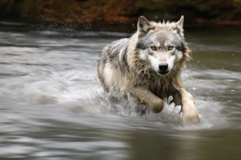 A Wolf Running, Overlayed with a Fast-flowing River Image Stock Photo ...